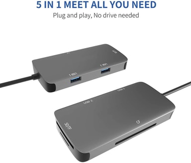 NÖRDIC 1 till 5 USB-C adapter SD/TF och CF kortläsare med 2xUSB3.0 upp ...