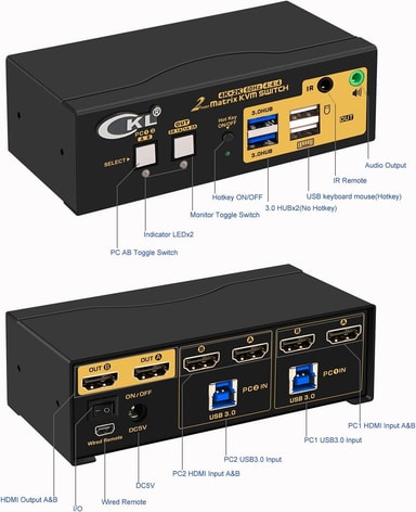 KVM 2x2 HDMI Switch Matrix dual monitor HDMI2.0 4K60Hz 4xUSB-A 1x3.5mm ...