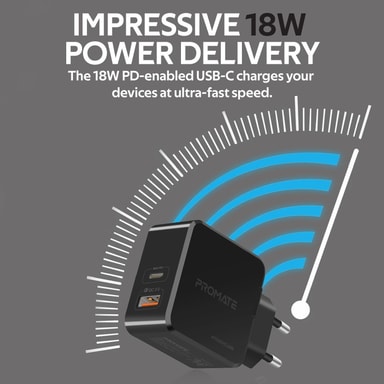 Promate POWERCUBE USB Laddare med USB C 18W PD och USB A 18W QC 3,0 Qualcomm Quickcharger 36W ...