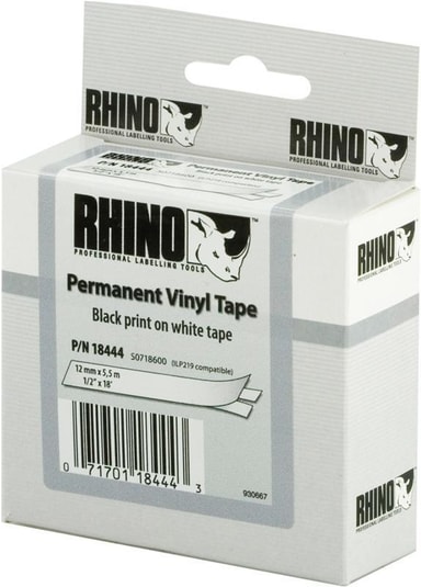 DYMO RhinoPRO märktejp perm vinyl 12mm, svart på vitt, 5.5m rulle ...