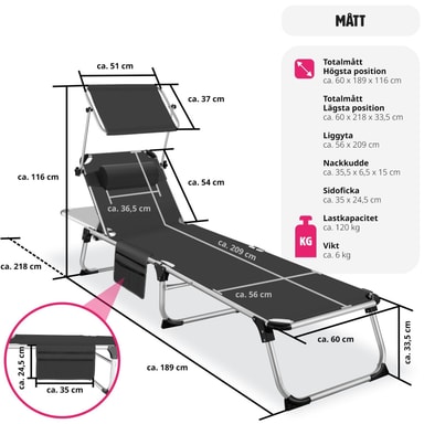 tectake Solstol Aurelie i aluminium, 6-stegs justerbar - svart - Elgiganten